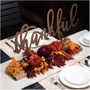 glitzhome autumn harvest table centerpiece - metal thankful sign with 24" l artificial floral maple leaves pumpkins pinecones and berries arrangement for harvest party thanksgiving fall ornaments