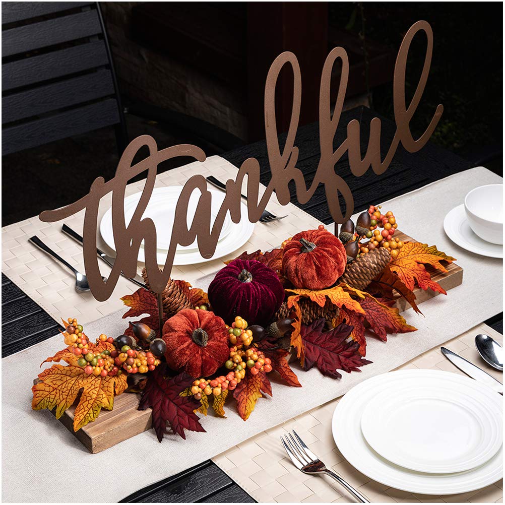 Glitzhome Autumn Harvest Table Centerpiece - Metal Thankful Sign with 24" L Artificial Floral Maple Leaves Pumpkins Pinecones and Berries Arrangement for Harvest Party Thanksgiving Fall Ornaments