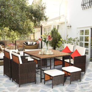 Tangkula 9 Pieces Acacia Wood Patio Dining Set, Space Saving Wicker Chairs and Wood Table with Umbrella Hole Outdoor Furniture Set, Suitable for Garden, Yard, Poolside, Outdoor Seating Set (White)