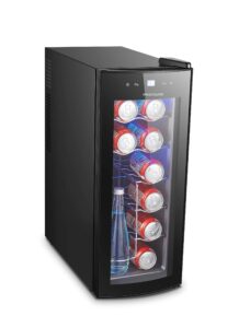 frigidaire efrw1225amz efrw1225 wine & beverage cooler with curved glass door-12 drinks fridge, digital control, ideal for home, dc rated for use with car cord or ac adapter, black, 12-bottle