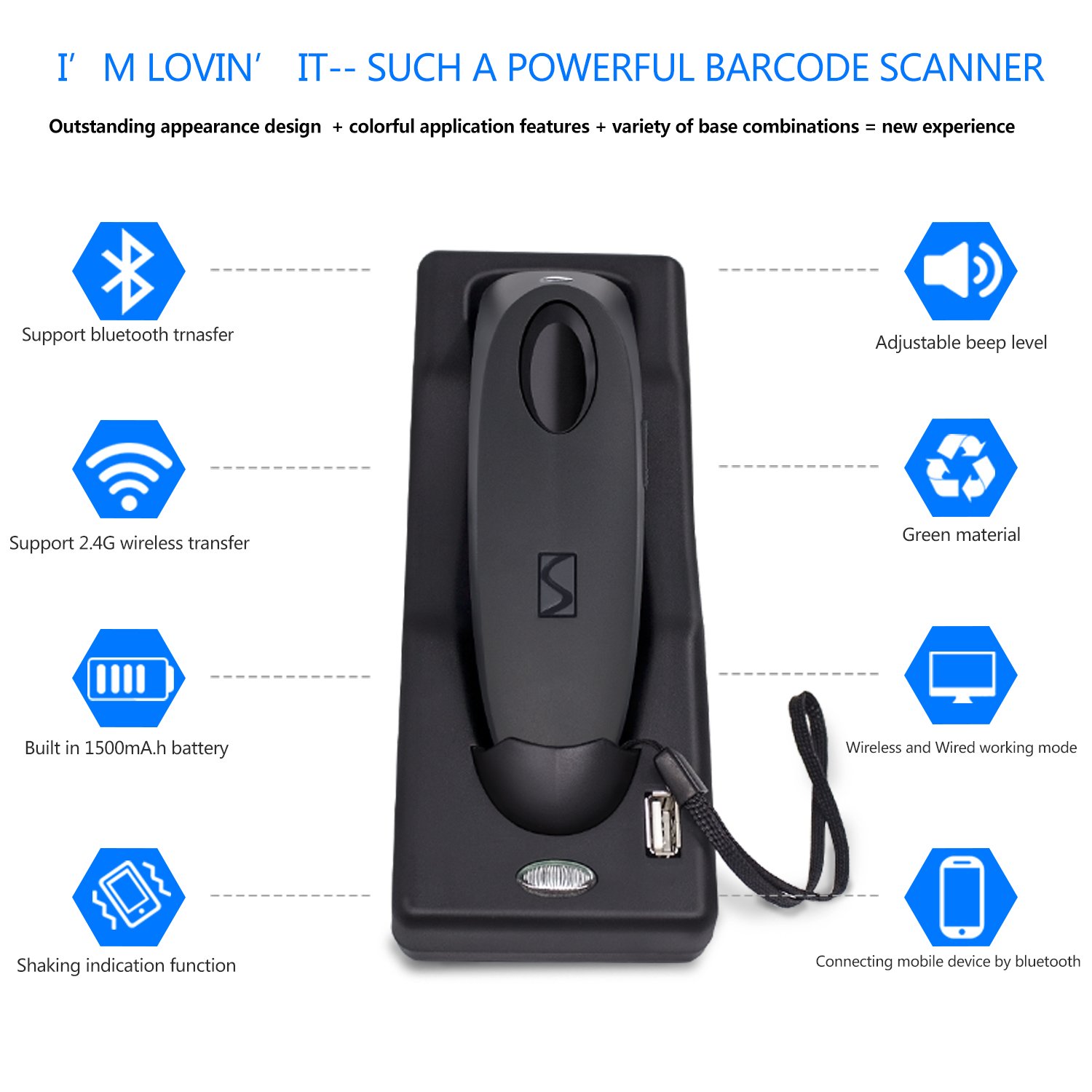 Bluetooth Wireless Handheld Barcode Scanner with Base 2.4G Wireless+USB Wired 1D 2D Barcode Scanner QR PDF417 Data Matrix UPC Rechargeable Bar Code Scanner for Laptops/PC/Android/Apple iOS