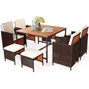 tangkula 9 pieces acacia wood patio dining set, space saving wicker chairs and wood table with umbrella hole outdoor furniture set, suitable for garden, yard, poolside, outdoor seating set (white)