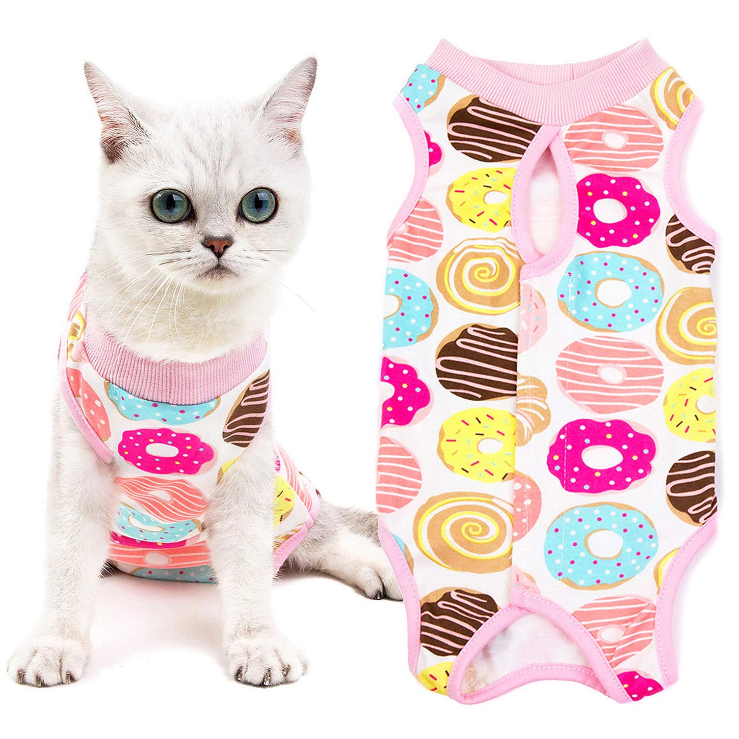 SMALLLEE_LUCKY_STORE Cat Professional Recovery Suit for Abdominal Wounds or Skin Diseases,E-Collar Alternative,Surgical After Surgery Wear Anti Licking for Small Medium Kitten Puppies,Donuts XL