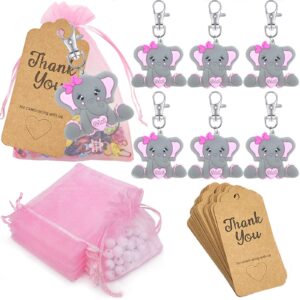 20 pack baby shower return gifts for guests, pink baby elephant keychains + thank you kraft tags + natural jute twine for elephant theme party favors, girl baby shower favors, birthday party supplies