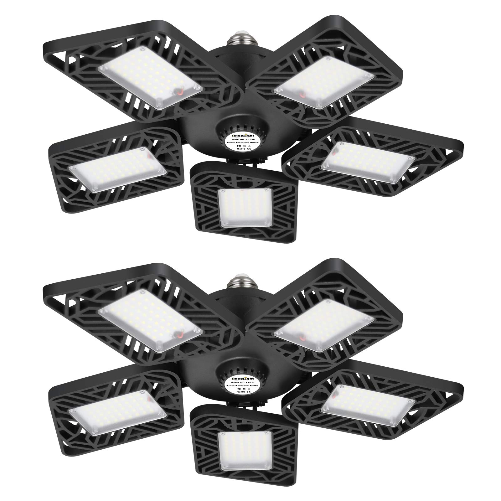 160W LED Garage Light, Super Brightness(16000LM) Garage Light with 5 Deformable LED Panels, 6000K Daylight Led Garage Ceiling Lights, Easy-Installation LED Lights for Garage,Workshop,Warehouse(2 Pack)