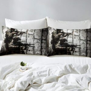 American Soldier Comforter Cover, Boys Teens Under Mission Duvet Cover, Army Rifle Machine Gun Bedding Set, Military Themed Quilt Cover Queen Camouflage Bedroom Decor For Youth Man Gamer Room Decor