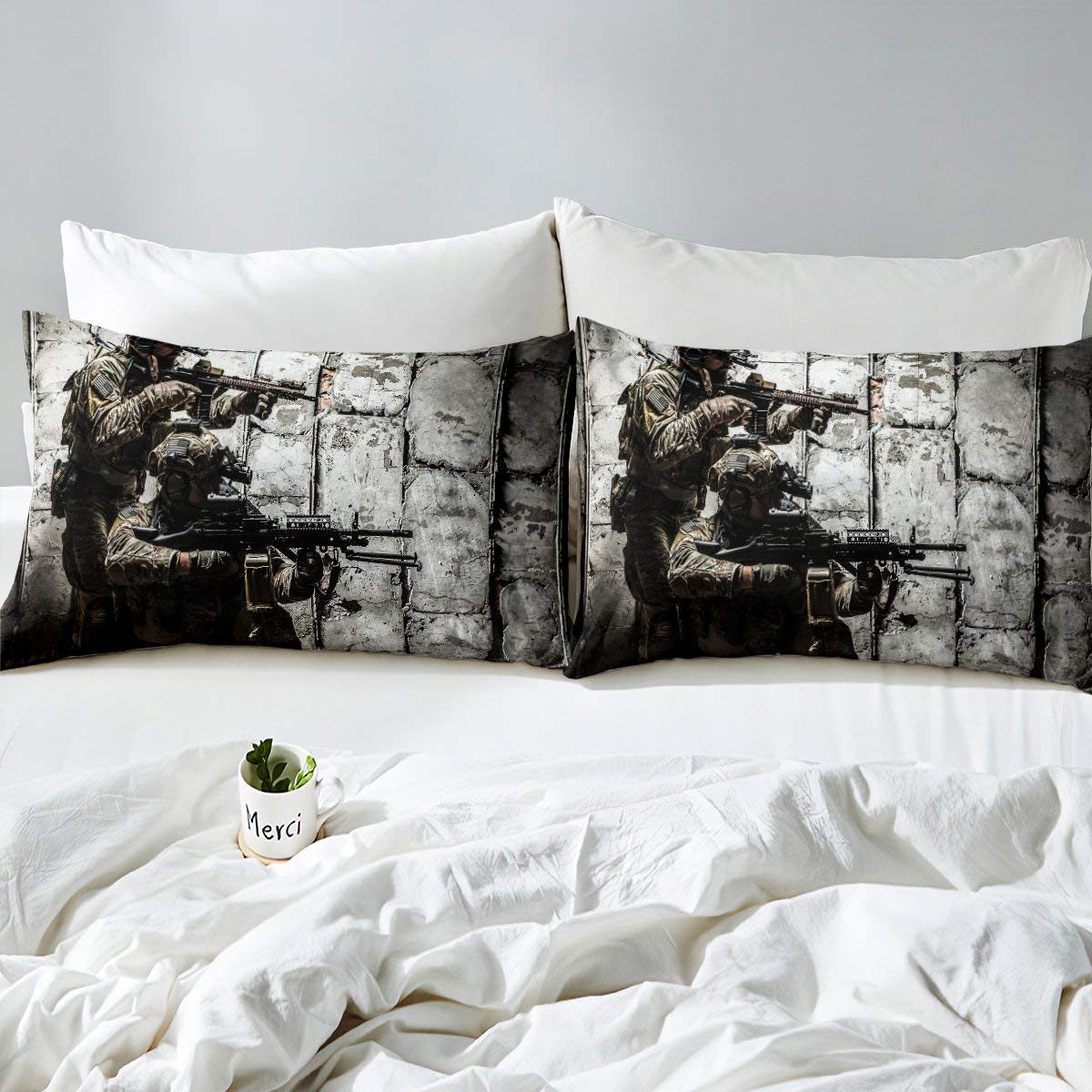 American Soldier Comforter Cover, Boys Teens Under Mission Duvet Cover, Army Rifle Machine Gun Bedding Set, Military Themed Quilt Cover Queen Camouflage Bedroom Decor For Youth Man Gamer Room Decor