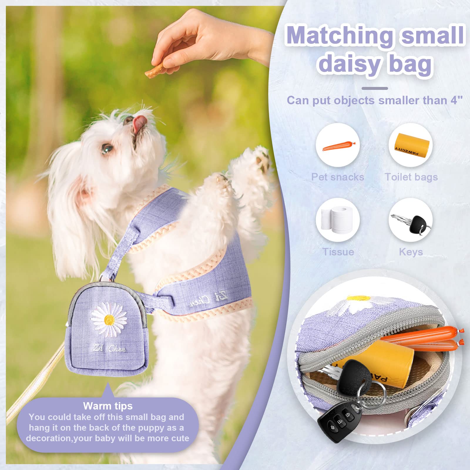 PETCARE Cute Small Dog Harness and Leash Set with Bags No Pull Daisy Dog Vest Harness Soft Breathable Mesh Puppy Dog Harness for Small Dogs Cats Spring Summer Yorkies Shih Tzu (Yellow,Small)