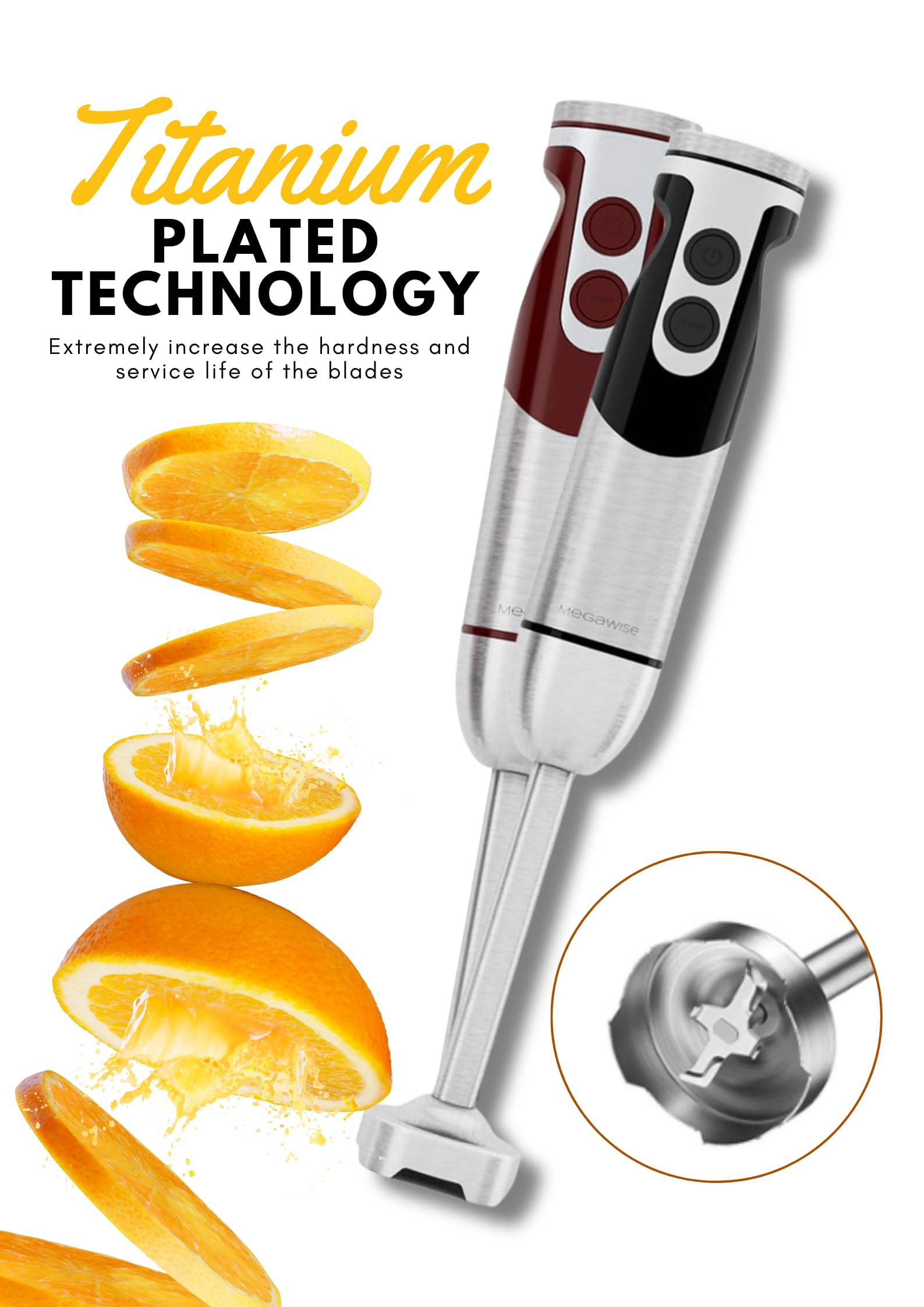 MegaWise Pro Titanium Reinforced 5 in1 Immersion Hand Blender, Powerful with 80% Sharper Blades, 12 Speed Corded Blender, Including 500ml Chopper, 600ml Beaker, Whisk and Milk Frother