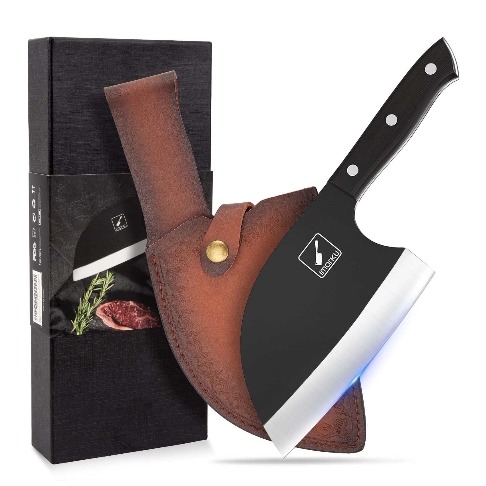 imarku Butcher Knife, 7 Inch Cleaver Knife, Hand-Forged Full Tang Serbian Chef Knife with Leather Sleeves, Japan High Carbon Steel Meat Cleaver for Kitchen, Camping, Christmas Gifts