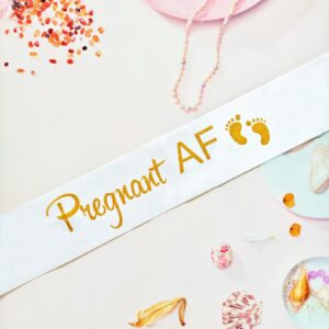 Magnusson's Garden Baby Shower Mom Sash, Pregnant AF Sash for Mommy to Be, Gender Reveal Pregnancy Announcement Decorations, Pink or Blue Boy or Girl Sex Reveal Supplies, Future Mummy Gift, White