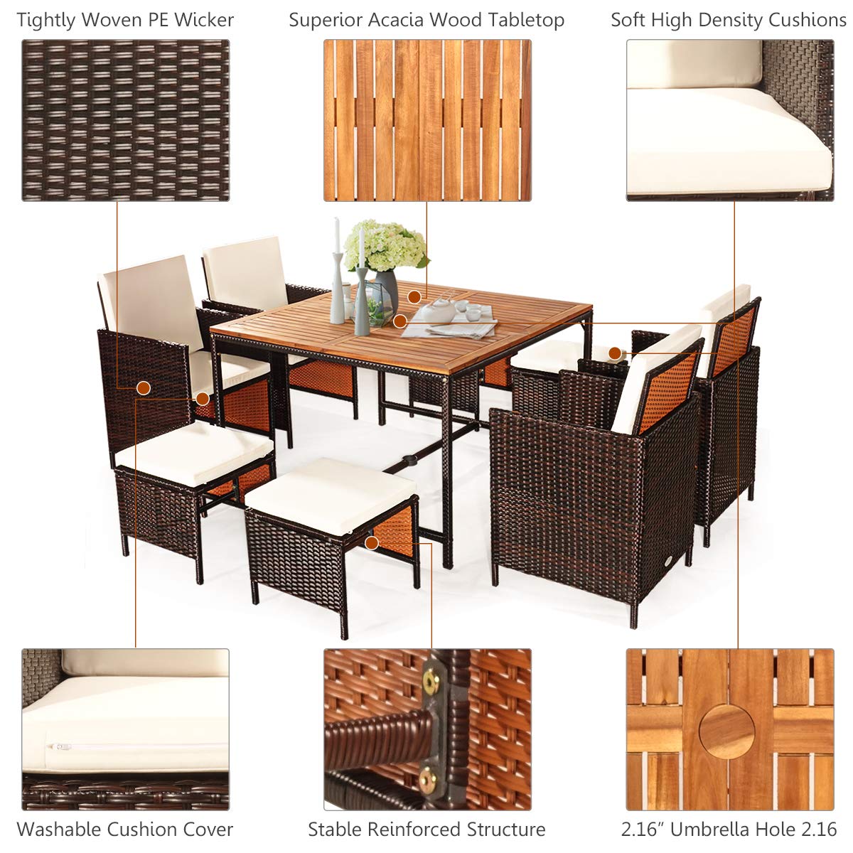 Tangkula 9 Pieces Acacia Wood Patio Dining Set, Space Saving Wicker Chairs and Wood Table with Umbrella Hole Outdoor Furniture Set, Suitable for Garden, Yard, Poolside, Outdoor Seating Set (White)