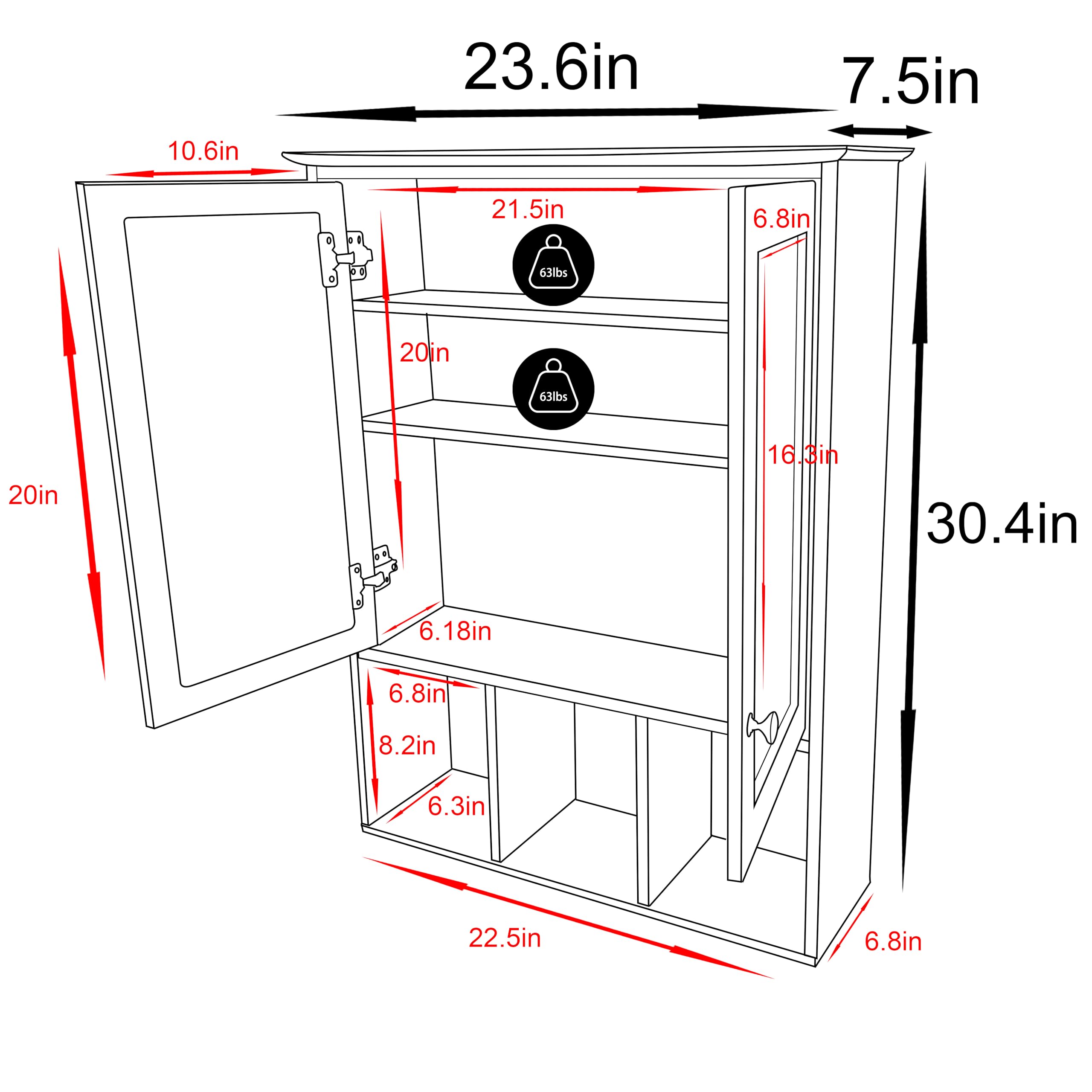 VEIKOUS 23.6 x30.4inch Medicine Cabinets for Bathroom, Oversized Bathroom Cabinet Wall Mounted w/Dual Mirror Doors & Adjustable Shelves, Espresso