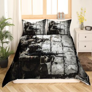 American Soldier Comforter Cover, Boys Teens Under Mission Duvet Cover, Army Rifle Machine Gun Bedding Set, Military Themed Quilt Cover Queen Camouflage Bedroom Decor For Youth Man Gamer Room Decor