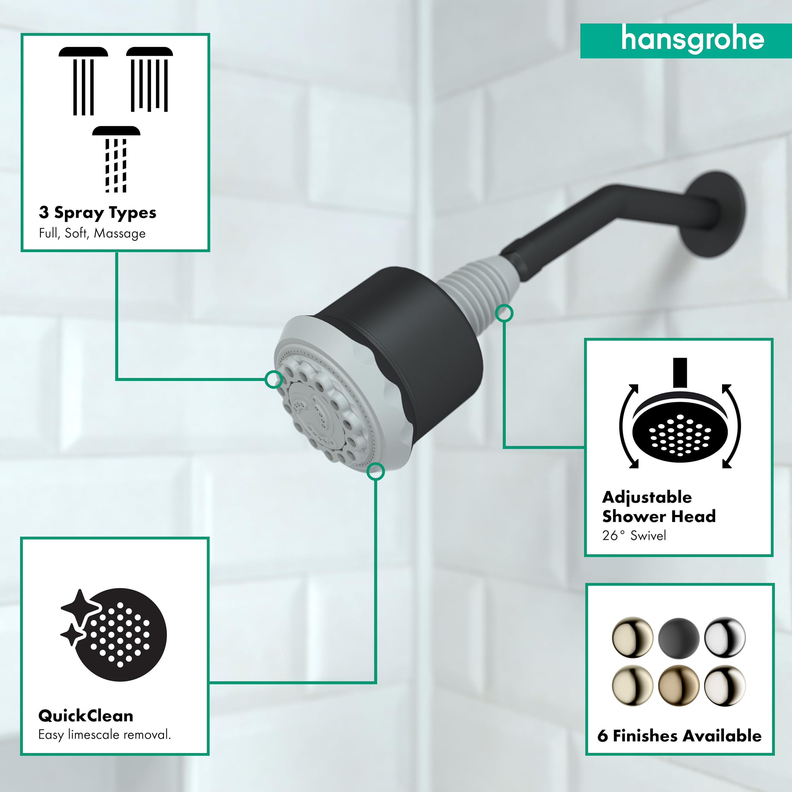 hansgrohe Clubmaster 4-inch Easy Clean Easy Install Showerhead Modern 3-Spray Full, Pulsating Massage, Soft spray with QuickClean in Matte Black, 28496671