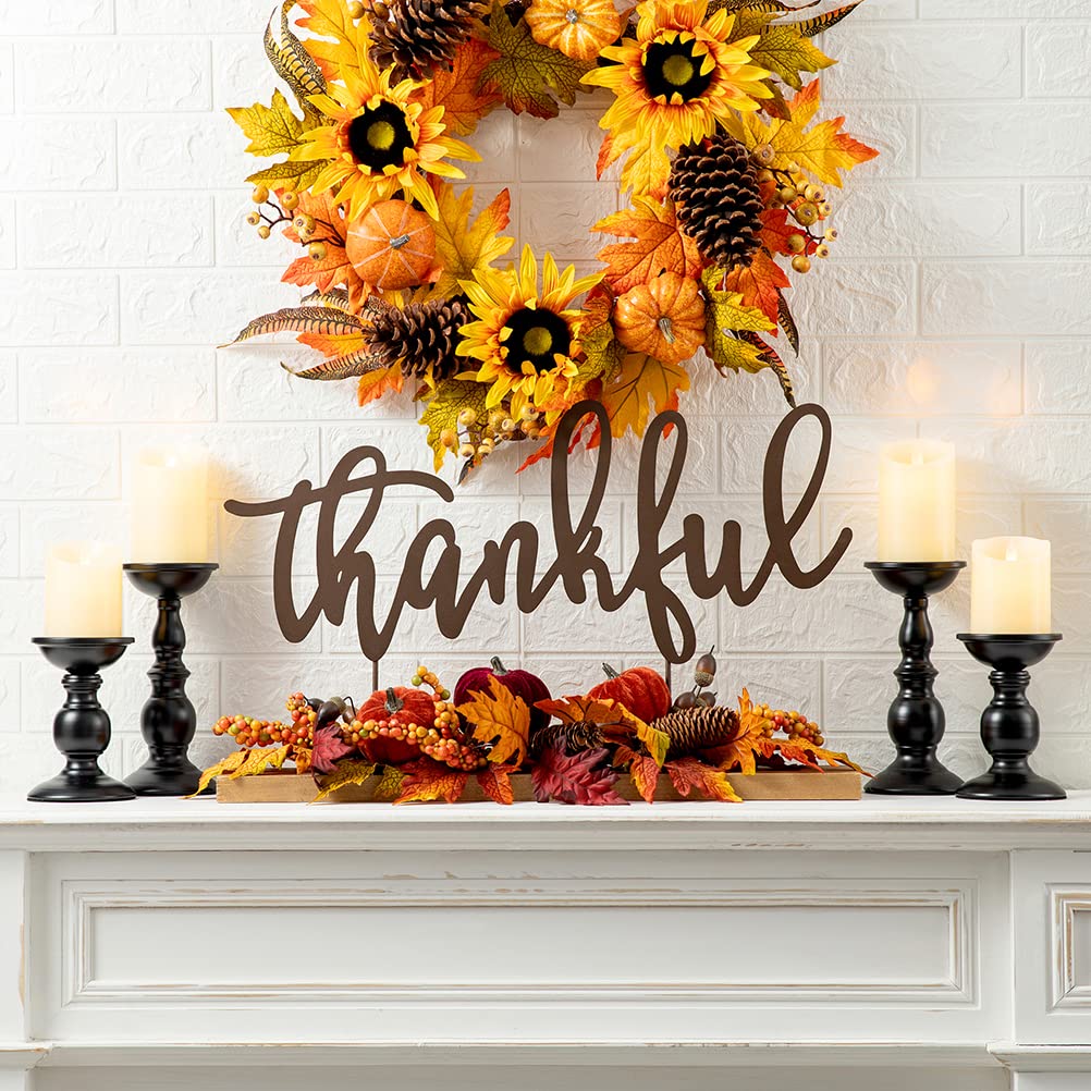 Glitzhome Autumn Harvest Table Centerpiece - Metal Thankful Sign with 24" L Artificial Floral Maple Leaves Pumpkins Pinecones and Berries Arrangement for Harvest Party Thanksgiving Fall Ornaments