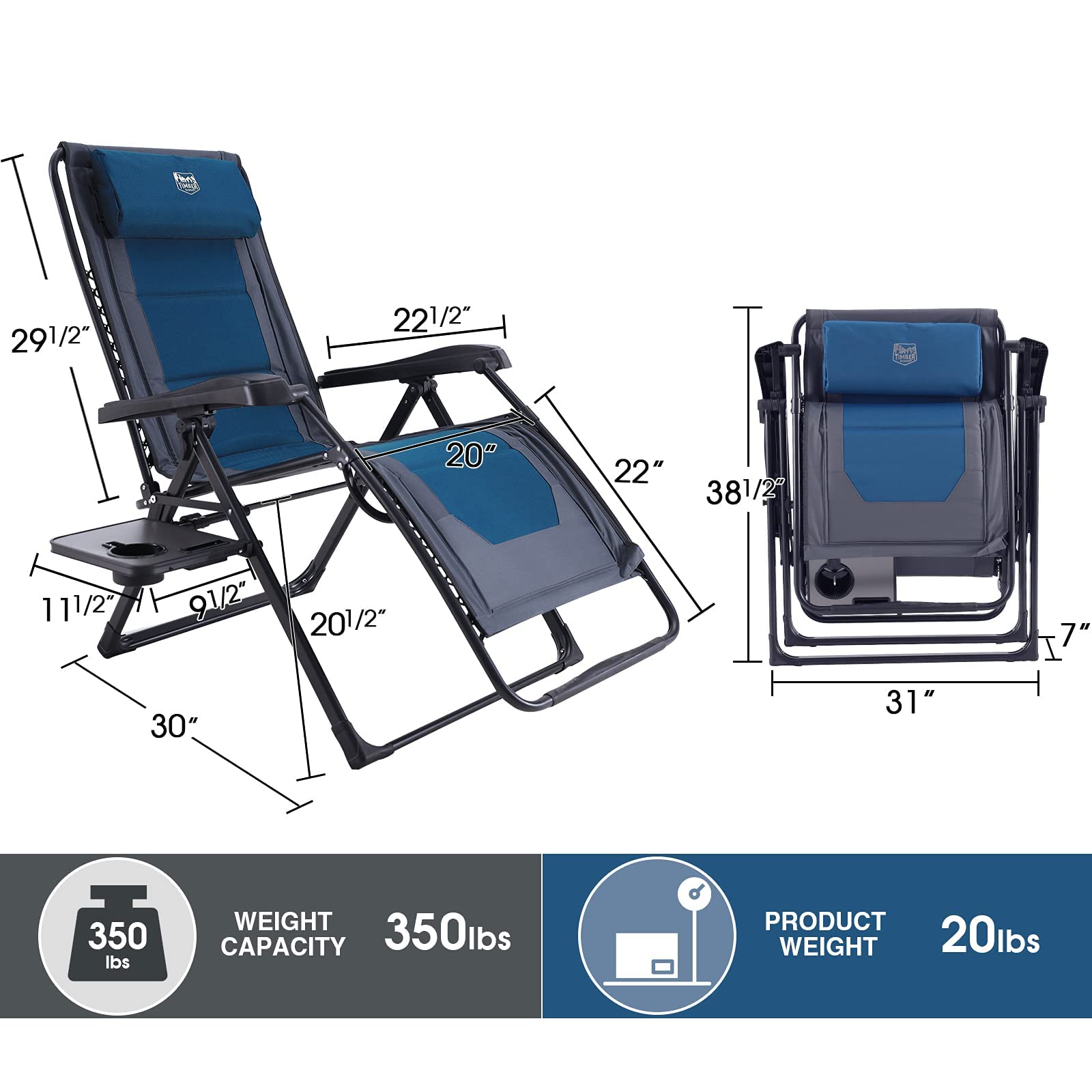 TIMBER RIDGE Zero Gravity polyester Chair Oversized Recliner 350lbs Capacity Patio Lounge Chair Padded Lawn Chair with Headrest XXL for Outdoor, Camping, Patio, Lawn, Blue