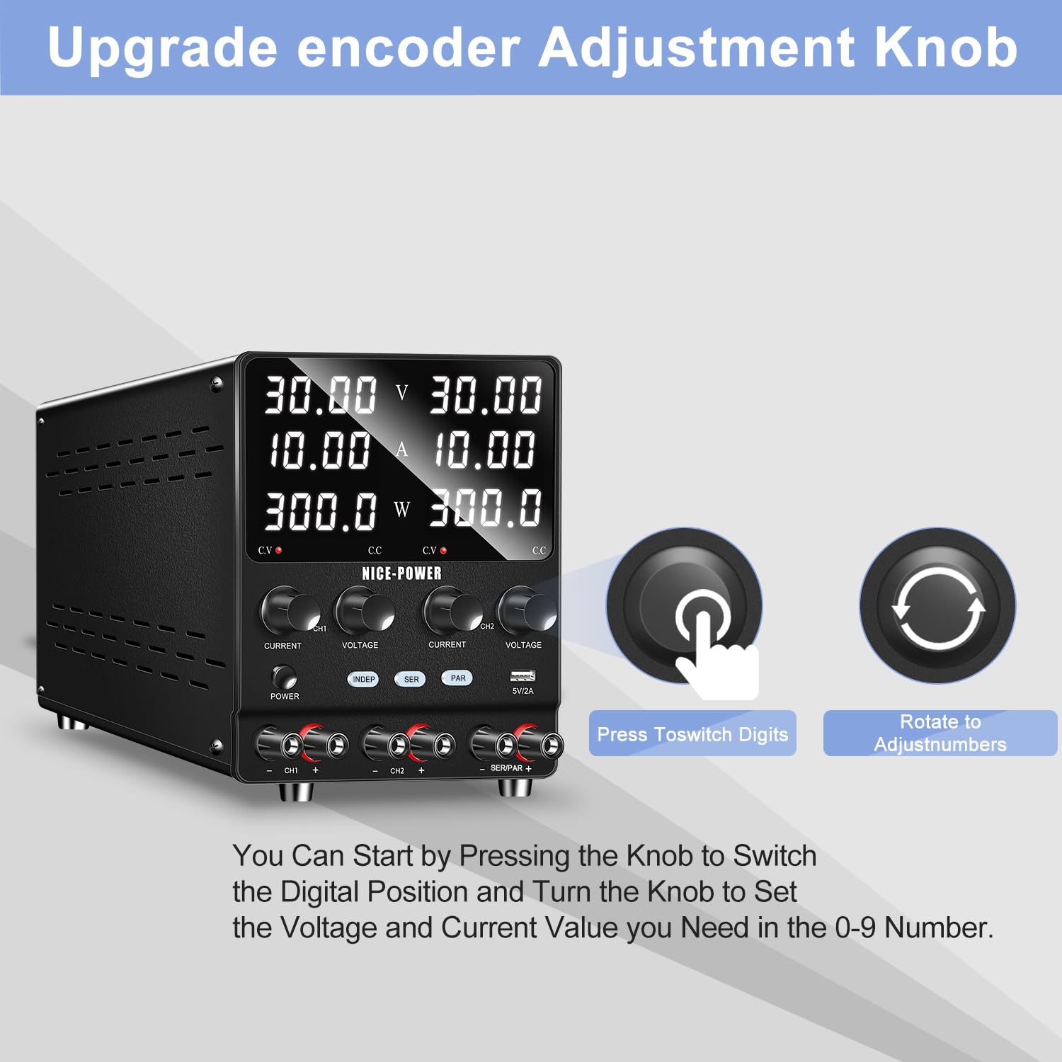 NICE-POWER Dual DC Power Supply Variable: 30V 10A Adjustable Switching Regulated Series (60V 10A) Parallel (30V 20A) High Precision 5V/2A USB Port Bench Lab Power Supplies