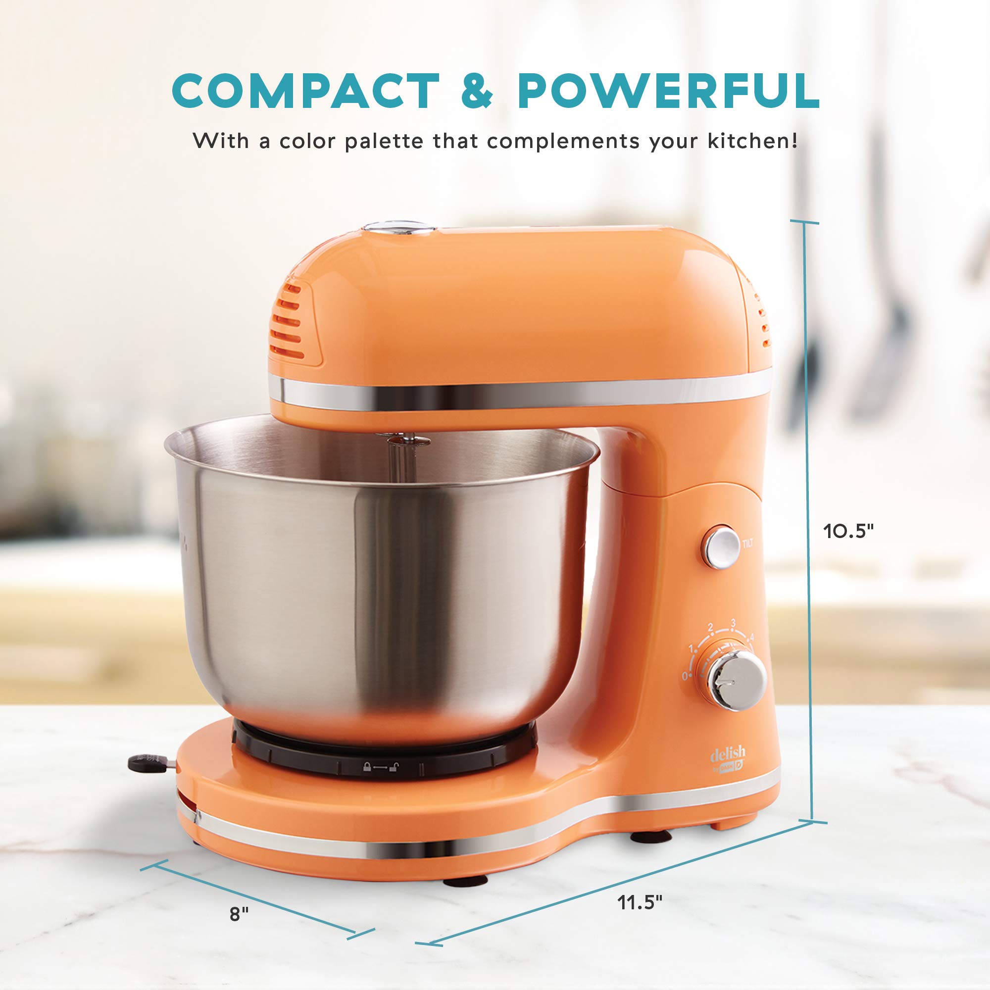 DASH Delish by DASH Compact Stand Mixer, 3.5 Quart with Beaters & Dough Hooks Included - Orange