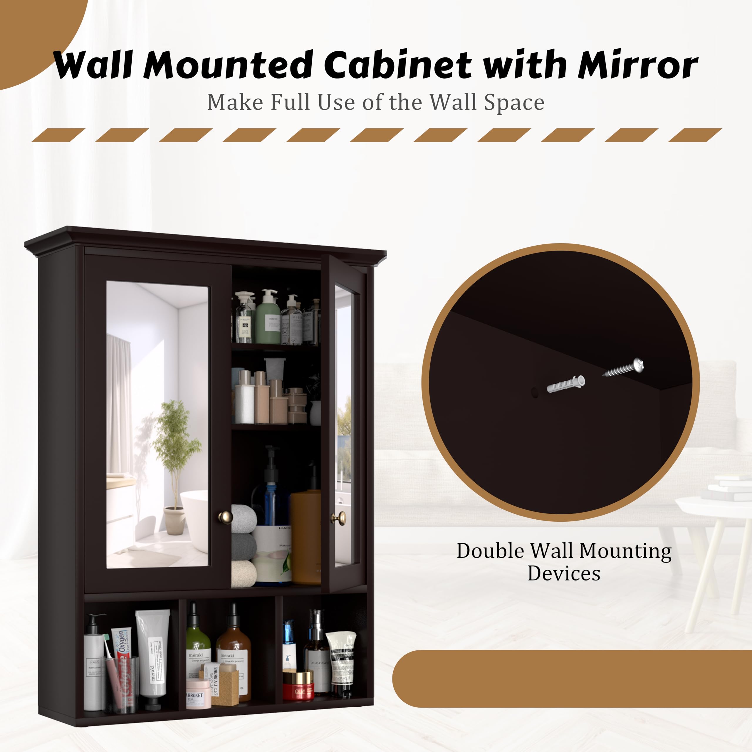 VEIKOUS 23.6 x30.4inch Medicine Cabinets for Bathroom, Oversized Bathroom Cabinet Wall Mounted w/Dual Mirror Doors & Adjustable Shelves, Espresso