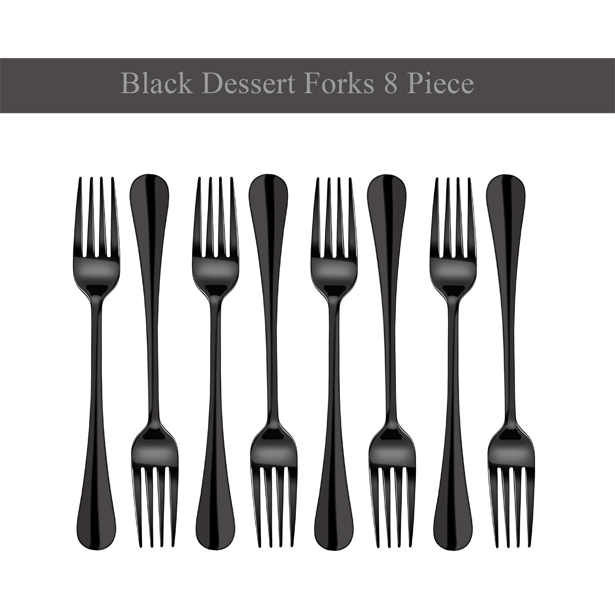 Black Salad Forks Set for 8, Stainless Steel 6.8-Inch Dessert Fork 8-Piece, Mirror Polished, Dishwasher Safe