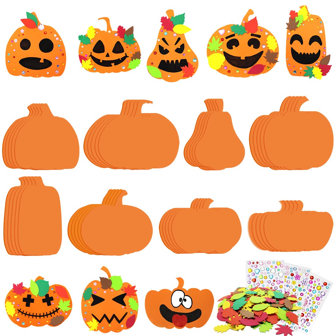 40Pcs Halloween Foam Pumpkin Craft Kit Decorations with Foam Fall Maple Leaves Rhinestone Stickers for Halloween Thanksgiving Kids Art Crafts Decorations