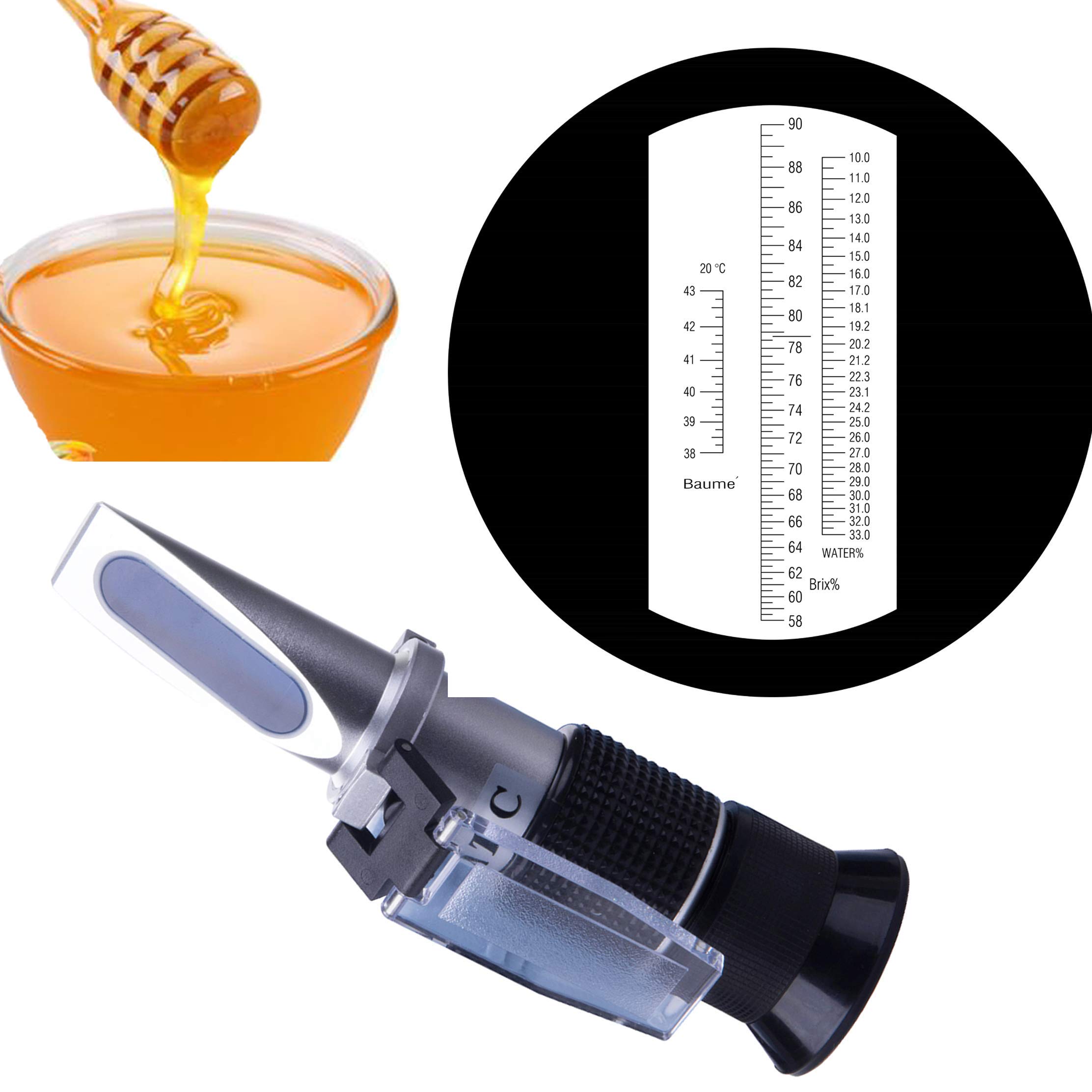 ZffXH Honey Maple Syrup Brix Refractometer/ 58-90 Brix 10-33 Moisture Meter/Homebrew Sucrose Brewing Sugar Aichose Hydrometer/Beekeeping Supply ATC