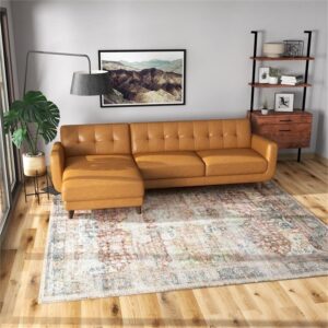 ASHCROFT Elva Mid Century L-Shaped Genuine Leather Left Facing Chaise Sectional, Light Brown Tufted Tight Back Sectional Sofa for Living Room Waiting Area Office Apartment Dorm Home, Tan