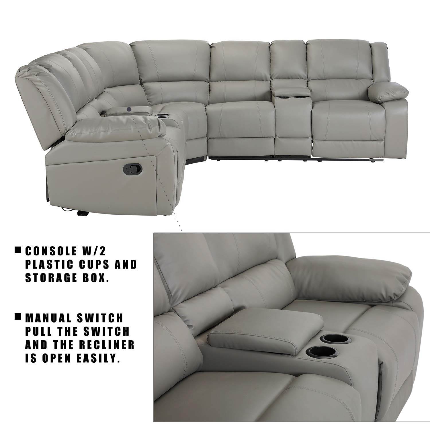 FREESNOOZE Manual Reclining Sectional Sofa Recliner Sofa with Cup Holders and 2 Storage Consoles for Living Room Furniture(PU Grey)