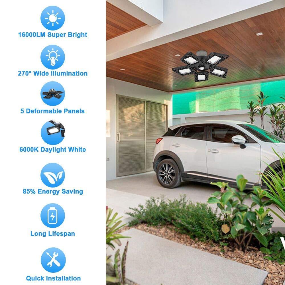 160W LED Garage Light, Super Brightness(16000LM) Garage Light with 5 Deformable LED Panels, 6000K Daylight Led Garage Ceiling Lights, Easy-Installation LED Lights for Garage,Workshop,Warehouse(2 Pack)