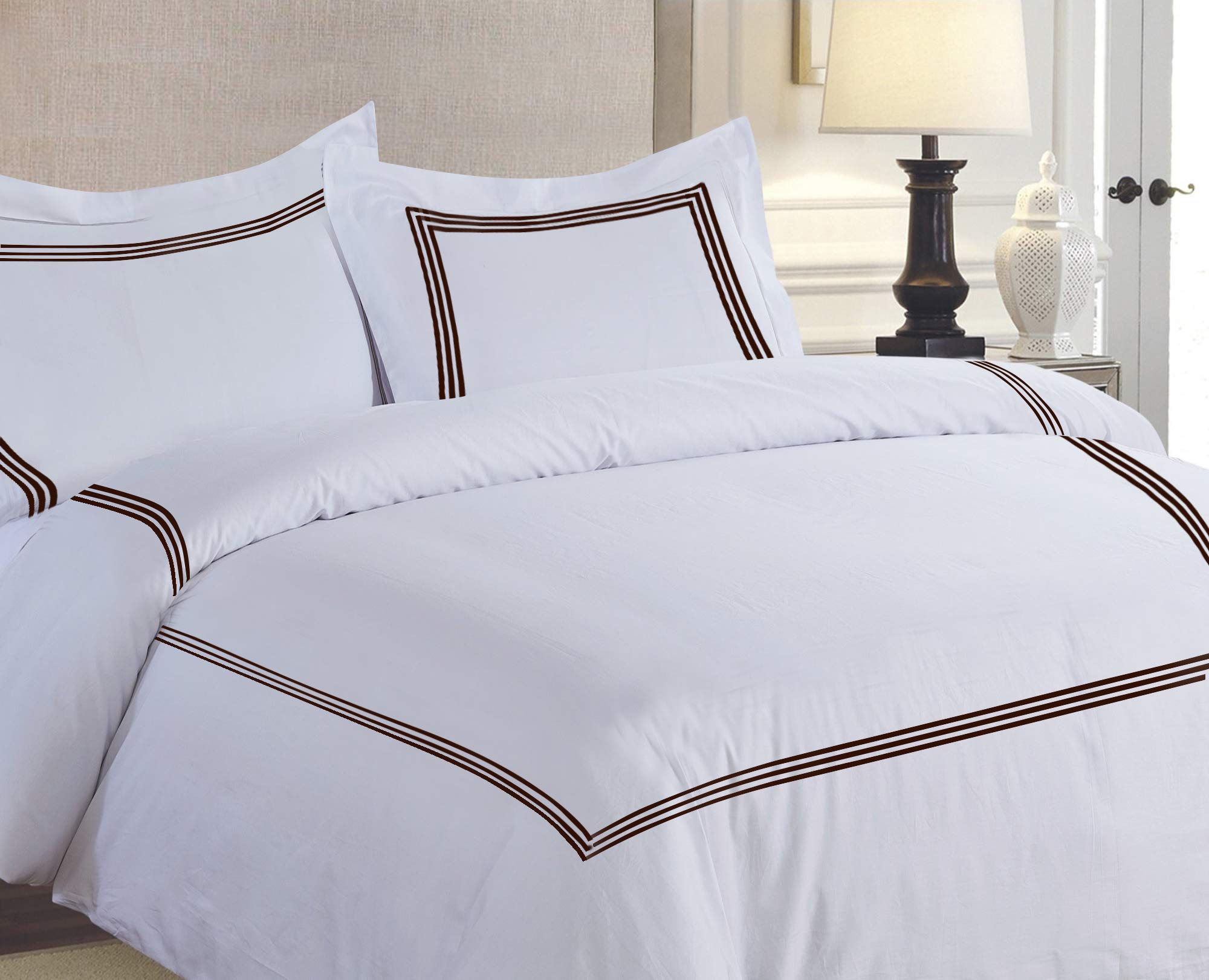 BedDecor 3 Piece 3 Line Embroidery Duvet Set with Zipper & Corner Ties 100% Egyptian Cotton 500 Thread Count Premium Hotel Quality Decorative Bedding (Chocolate,King/California King)