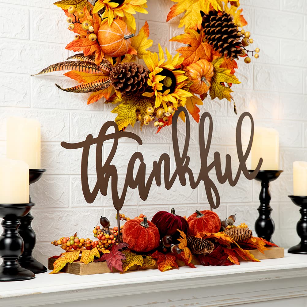 Glitzhome Autumn Harvest Table Centerpiece - Metal Thankful Sign with 24" L Artificial Floral Maple Leaves Pumpkins Pinecones and Berries Arrangement for Harvest Party Thanksgiving Fall Ornaments