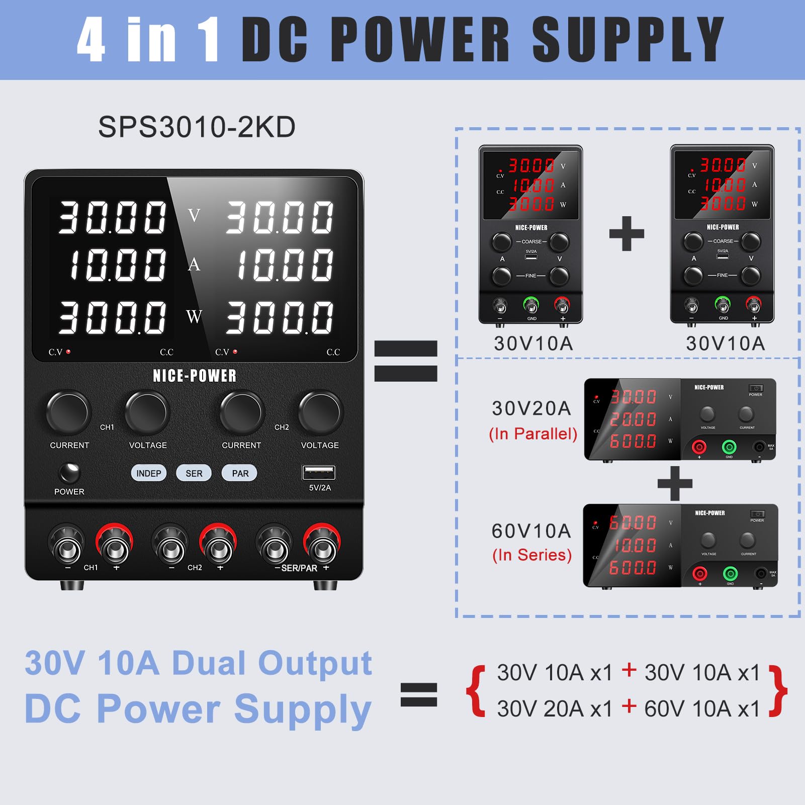 NICE-POWER Dual DC Power Supply Variable: 30V 10A Adjustable Switching Regulated Series (60V 10A) Parallel (30V 20A) High Precision 5V/2A USB Port Bench Lab Power Supplies