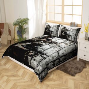 American Soldier Comforter Cover, Boys Teens Under Mission Duvet Cover, Army Rifle Machine Gun Bedding Set, Military Themed Quilt Cover Queen Camouflage Bedroom Decor For Youth Man Gamer Room Decor