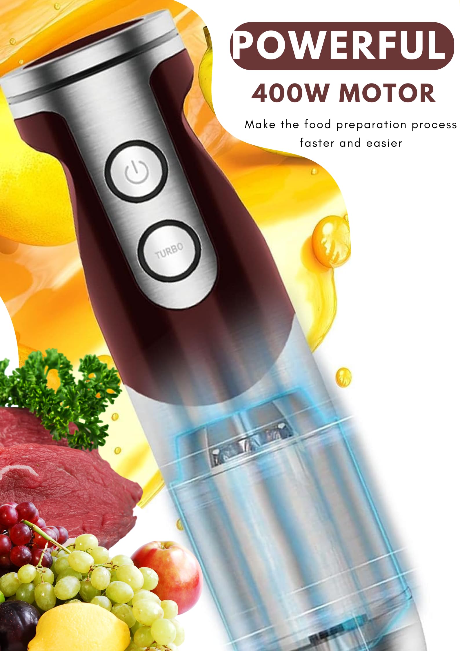 MegaWise Pro Titanium Reinforced 5 in1 Immersion Hand Blender, Powerful with 80% Sharper Blades, 12 Speed Corded Blender, Including 500ml Chopper, 600ml Beaker, Whisk and Milk Frother