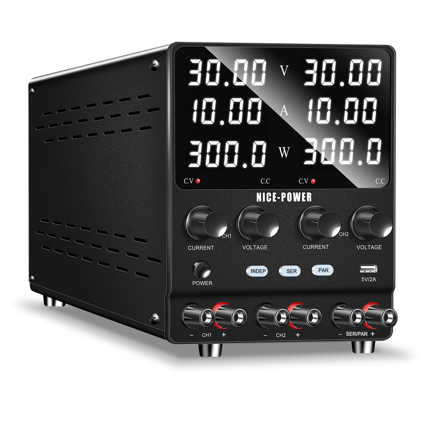 NICE-POWER Dual DC Power Supply Variable: 30V 10A Adjustable Switching Regulated Series (60V 10A) Parallel (30V 20A) High Precision 5V/2A USB Port Bench Lab Power Supplies