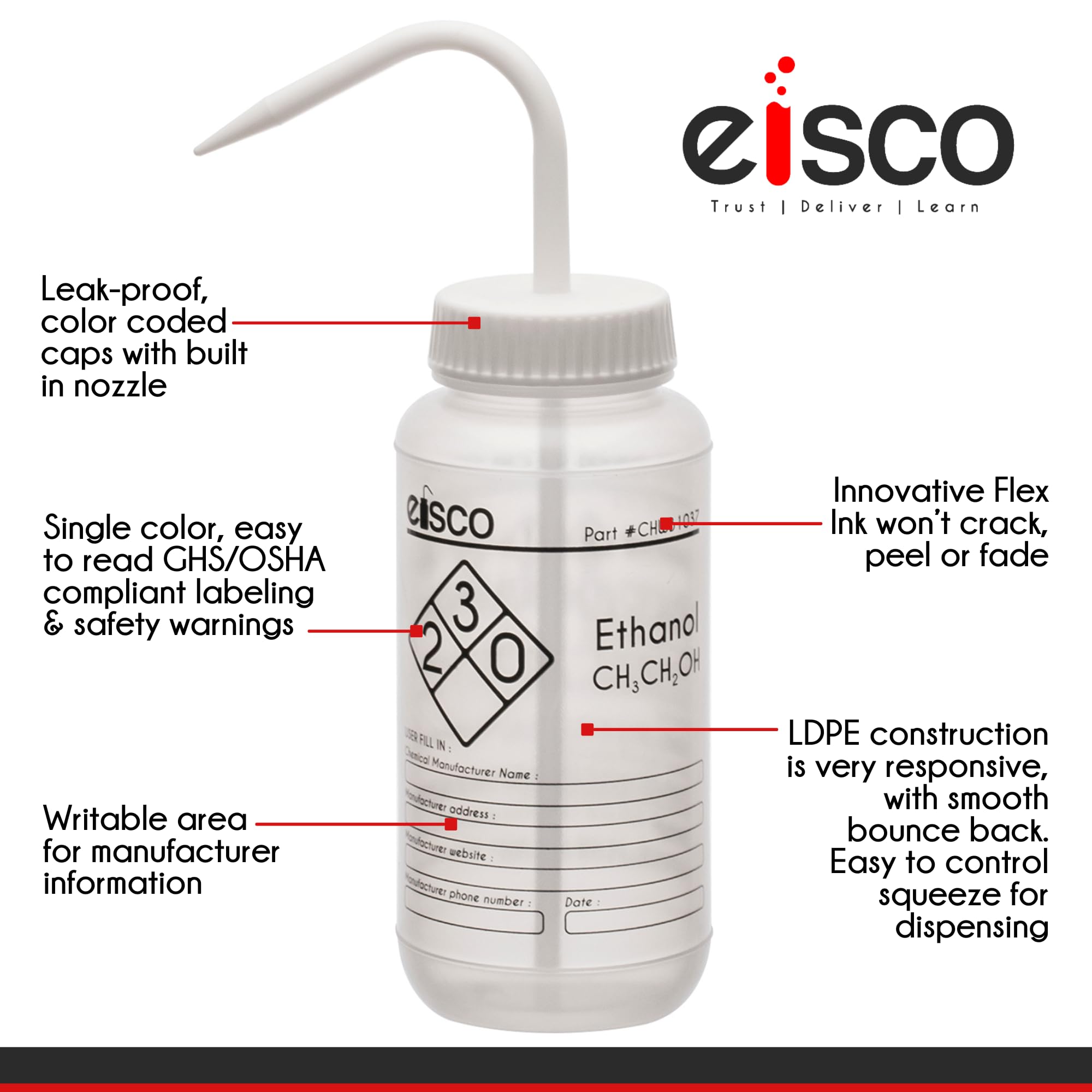 EISCO Wash Bottle for Ethanol, 1000ml - Labeled with Chemical Information & Safety Information (1 Color) - Wide Mouth, Self Venting, Low Density Polyethylene Labs