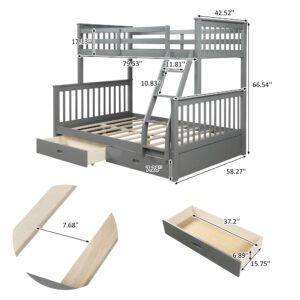 Twin Over Full Bunk Bed, Twin Over Full Bunk Bed with 2 Storage Drawers, Solid Wood Bunk Bed Frame with Guardrails and Ladder for Kids Boys Girls Teens Adults, No Box Spring Needed, Grey