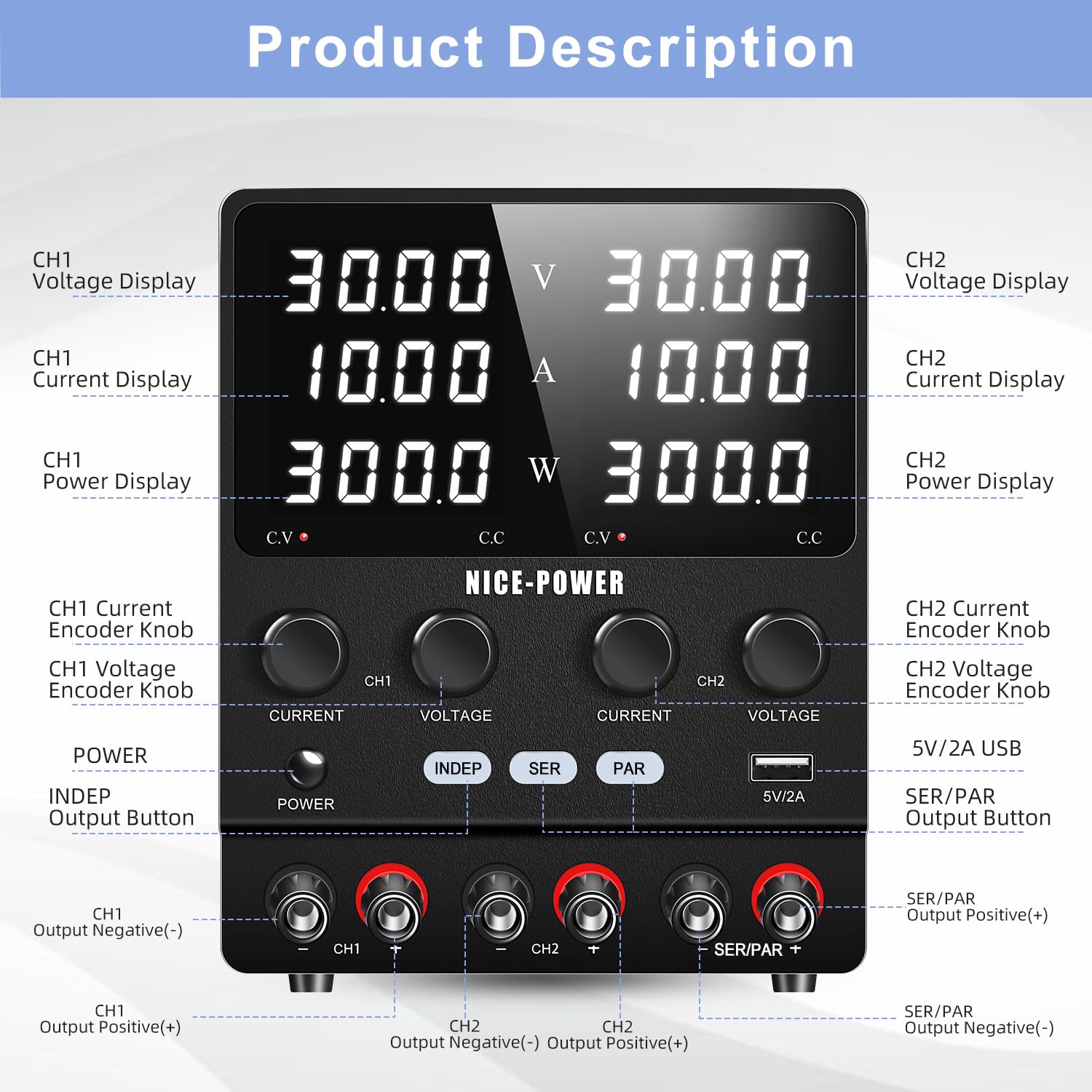 NICE-POWER Dual DC Power Supply Variable: 30V 10A Adjustable Switching Regulated Series (60V 10A) Parallel (30V 20A) High Precision 5V/2A USB Port Bench Lab Power Supplies