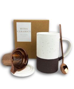 mora ceramics tea cup with loose leaf infuser, spoon and lid, 12 oz, microwave and dishwasher safe coffee mug - rustic matte ceramic glaze, modern herbal tea strainer - great gift for women, garnet