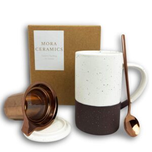 Mora Ceramics Tea Cup with Loose Leaf Infuser, Spoon and Lid, 12 oz, Microwave and Dishwasher Safe Coffee Mug - Rustic Matte Ceramic Glaze, Modern Herbal Tea Strainer - Great Gift for Women, Garnet