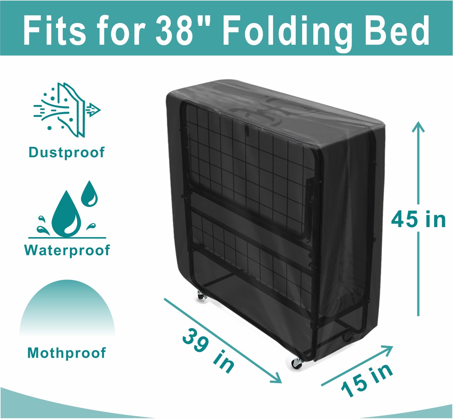 Folding Bed Storage Cover - 38" Waterproof Dustproof Universal Rollaway Bed Protector Cover - Fits 38 Inch Folding Bed (39 "L × 15" W × 44.8 "H) - Black