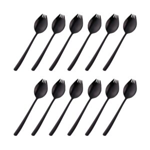 dongbo 12 pieces sporks, 7.6-inch stainless steel salad fork and ice cream spoon for cheese, fruit and noodle, black