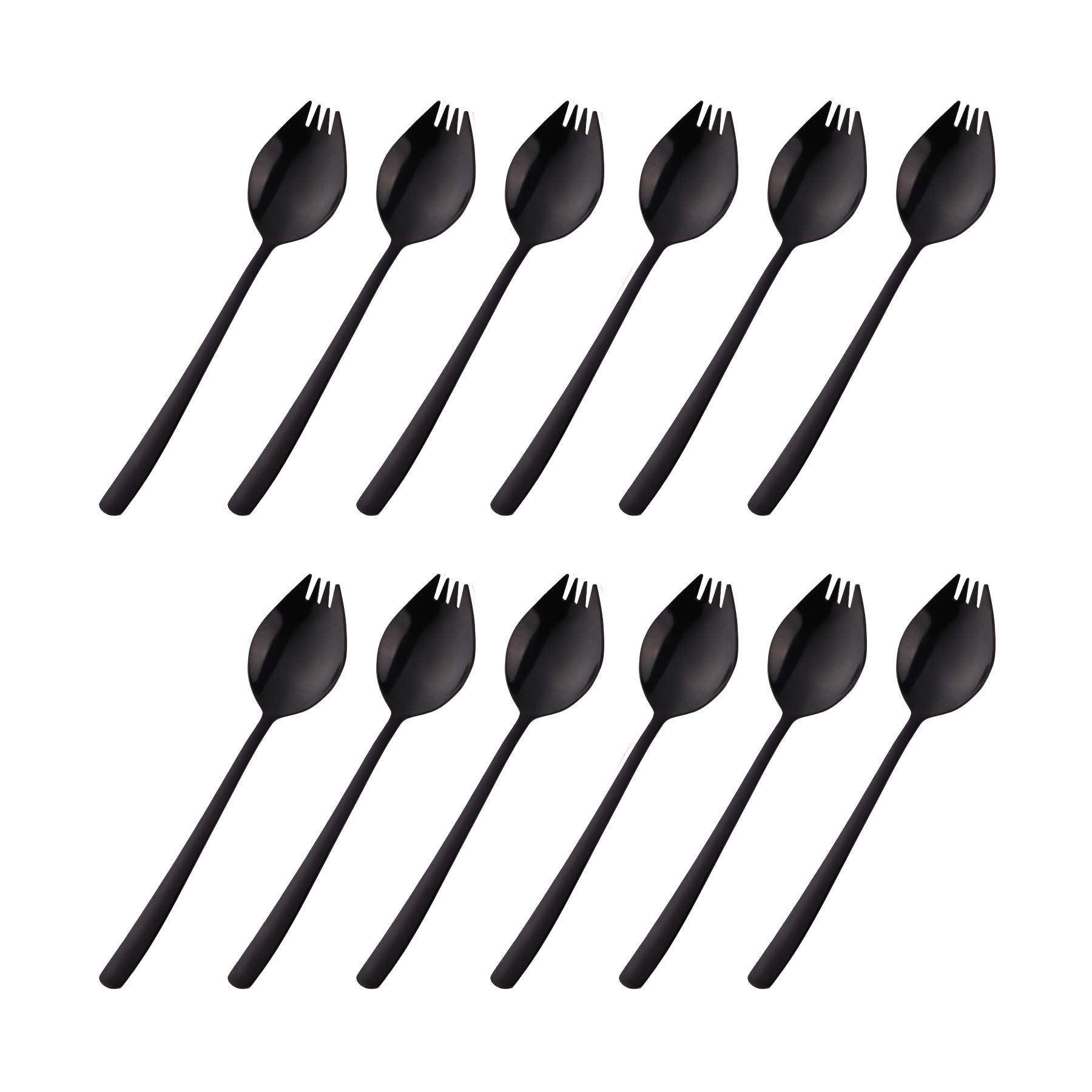 Dongbo 12 Pieces Sporks, 7.6-Inch Stainless Steel Salad Fork and Ice Cream Spoon for Cheese, Fruit and Noodle, Black