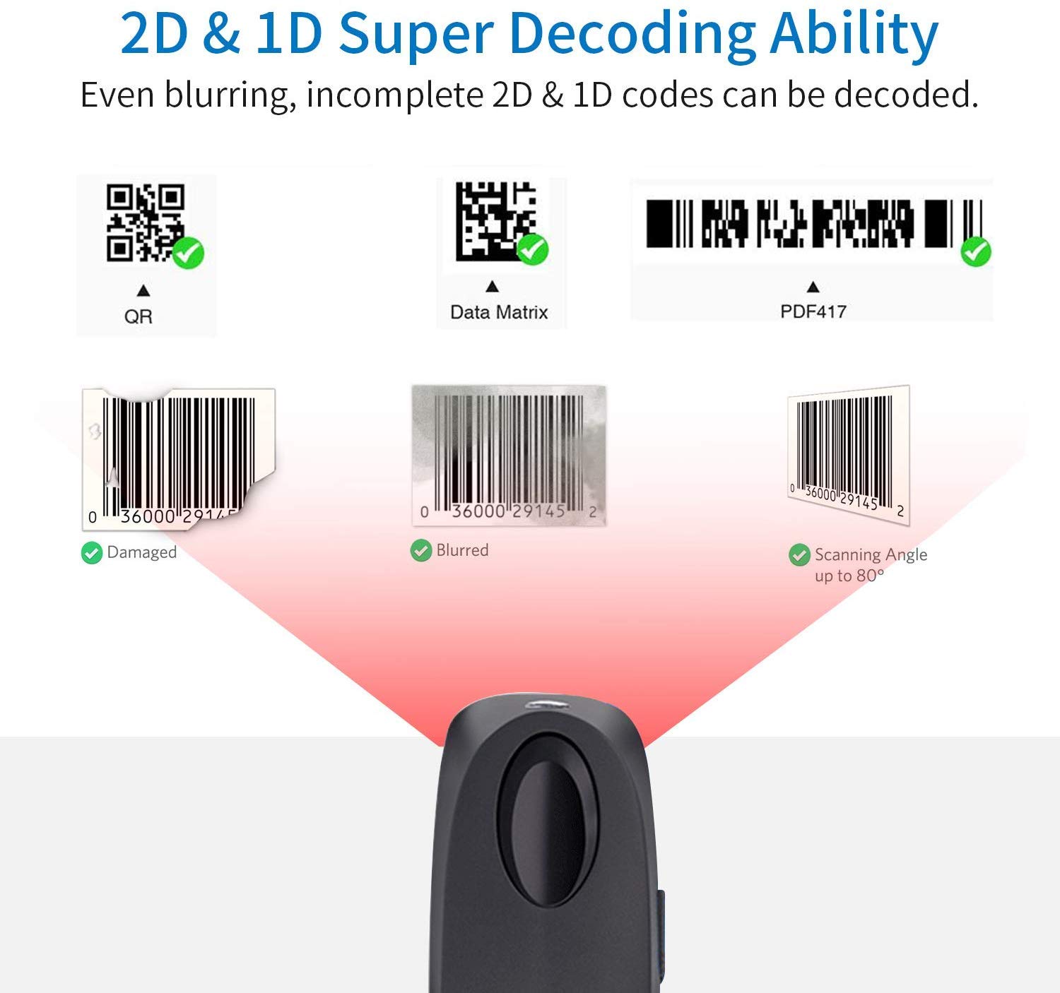 Bluetooth Wireless Handheld Barcode Scanner with Base 2.4G Wireless+USB Wired 1D 2D Barcode Scanner QR PDF417 Data Matrix UPC Rechargeable Bar Code Scanner for Laptops/PC/Android/Apple iOS