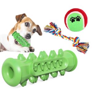 dog chew toy set for aggressive chewers (3 pack) - tooth brushing teething toy - tennis ball - dog rope - dental care textured toothbrush - interactive chew toy