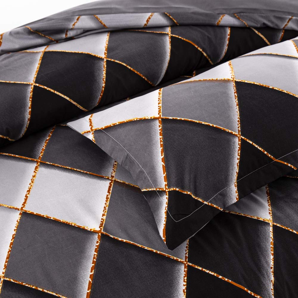 Bsmilly Geometric Duvet Cover Set Golden Modern Pattern Printed with Zipper Closure 3pcs Polyester Fiber 1 Pillowcase (Full Grey)