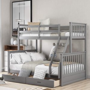 twin over full bunk bed, twin over full bunk bed with 2 storage drawers, solid wood bunk bed frame with guardrails and ladder for kids boys girls teens adults, no box spring needed, grey