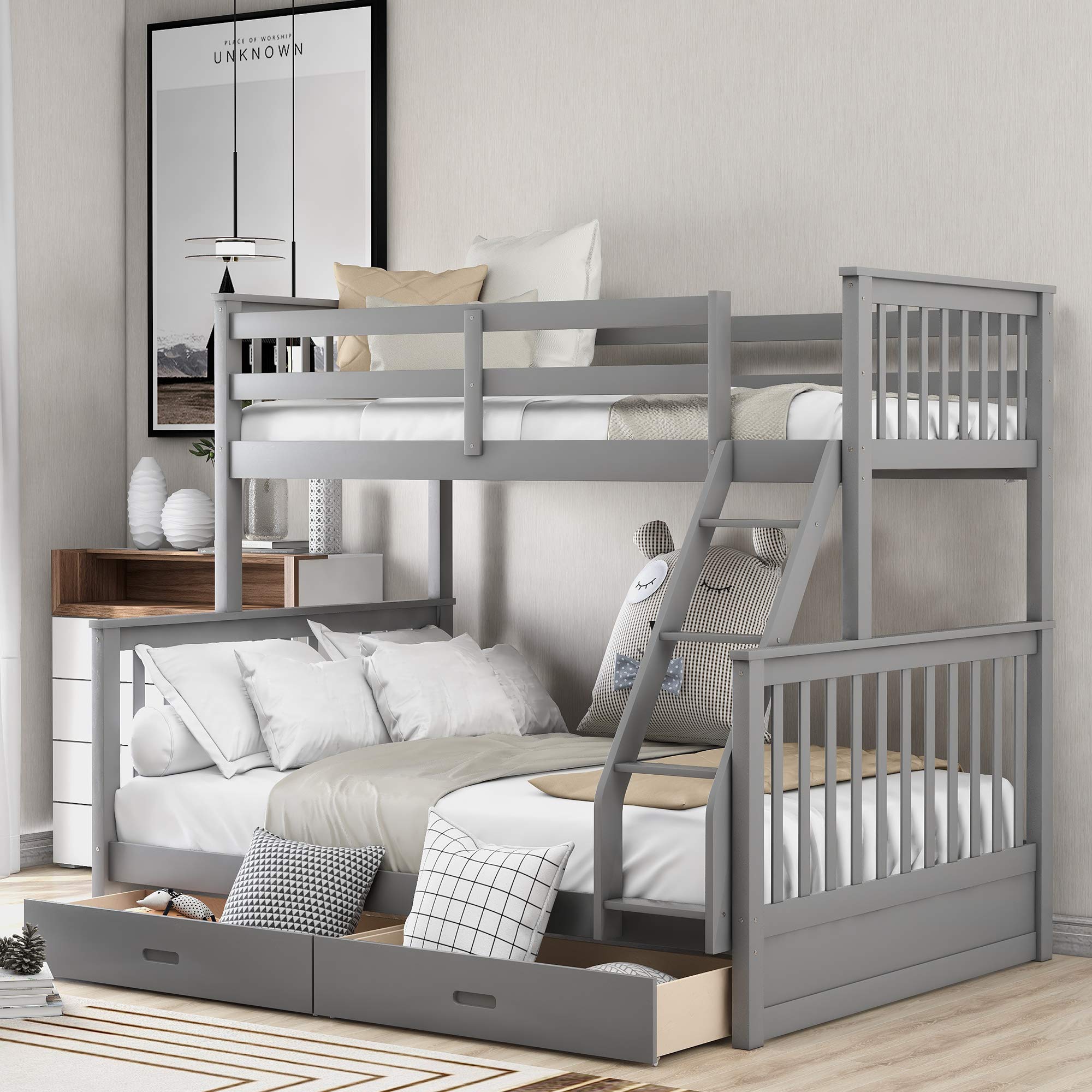 Twin Over Full Bunk Bed, Twin Over Full Bunk Bed with 2 Storage Drawers, Solid Wood Bunk Bed Frame with Guardrails and Ladder for Kids Boys Girls Teens Adults, No Box Spring Needed, Grey