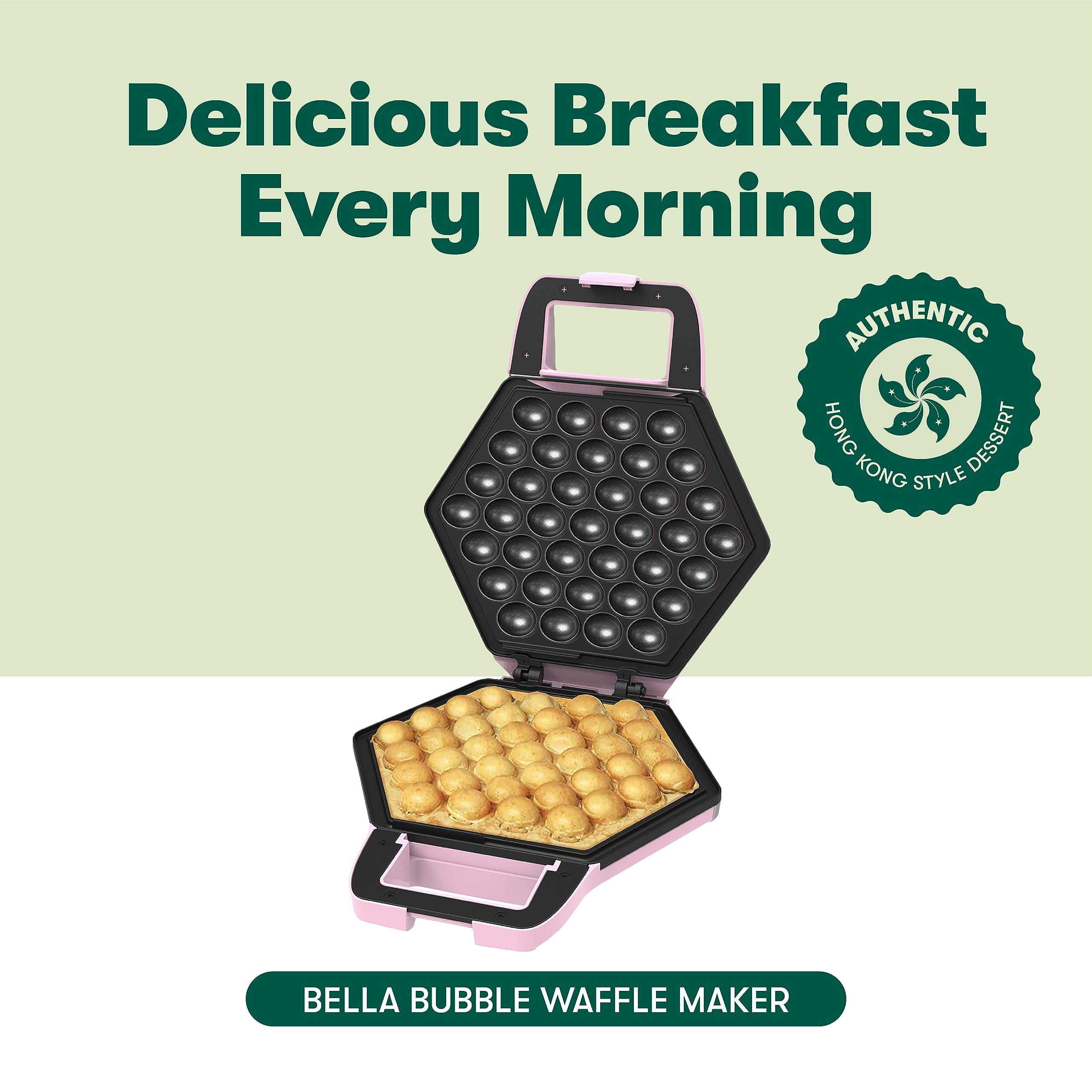 BELLA Bubble Waffle Maker for Hong Kong Style Breakfast Dessert 9" Waffles, Non-stick Iron Plates for Easy Cleaning and Food Release, Cone Rack Included, Pink